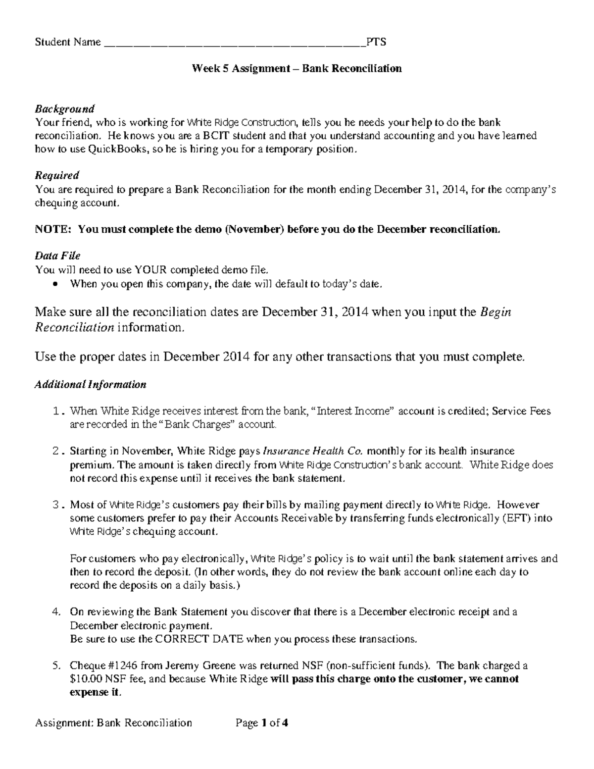 Assign 5- QB Bank Rec - Week 5 Assignment – Bank Reconciliation ...