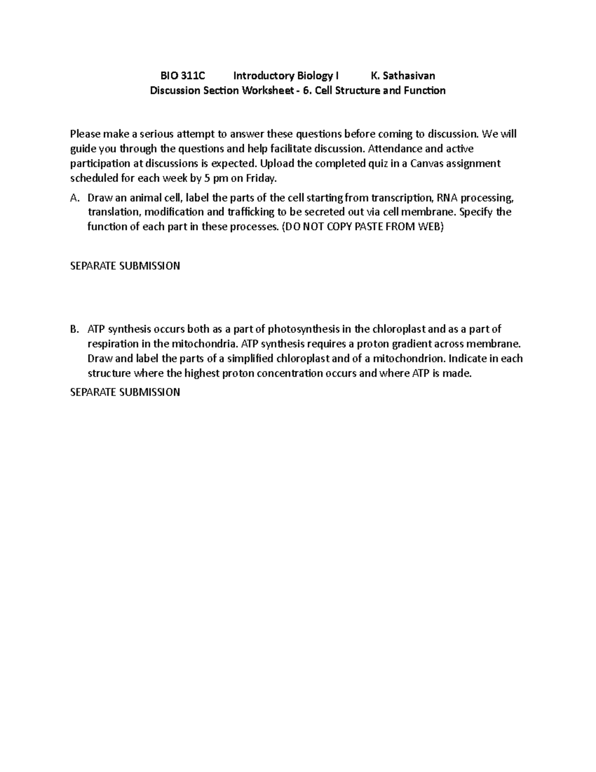 DSW 6 CELL Structure AND Function - BIO 311C Introductory Biology I K ...