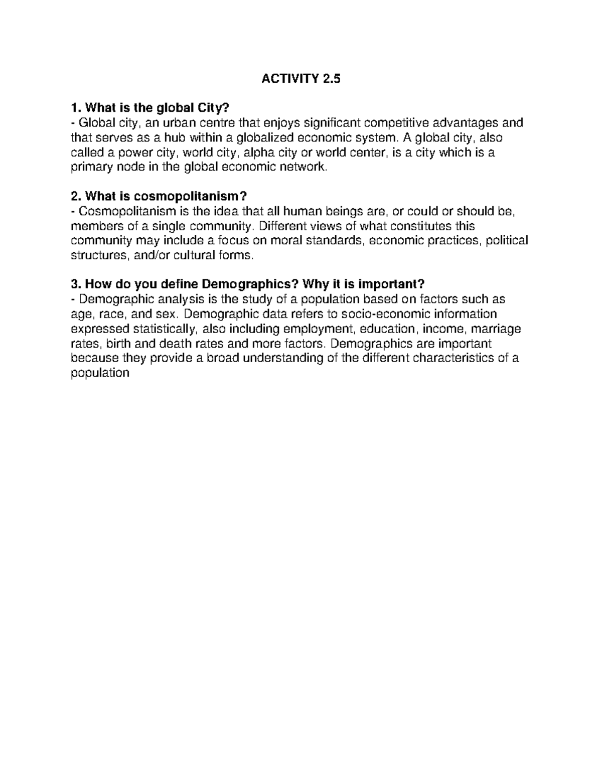 Global City notes - ACTIVITY 2. What is the global City? Global city ...