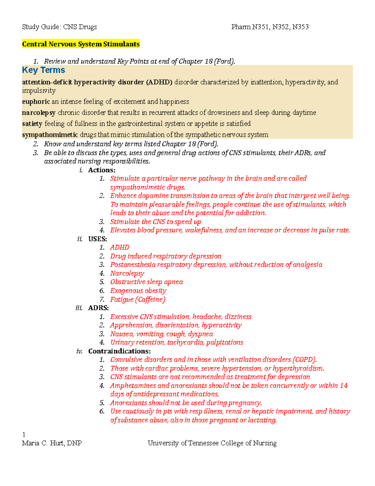 Pharm EXAM 3 SG - Central Nervous System Stimulants 1. Review and ...