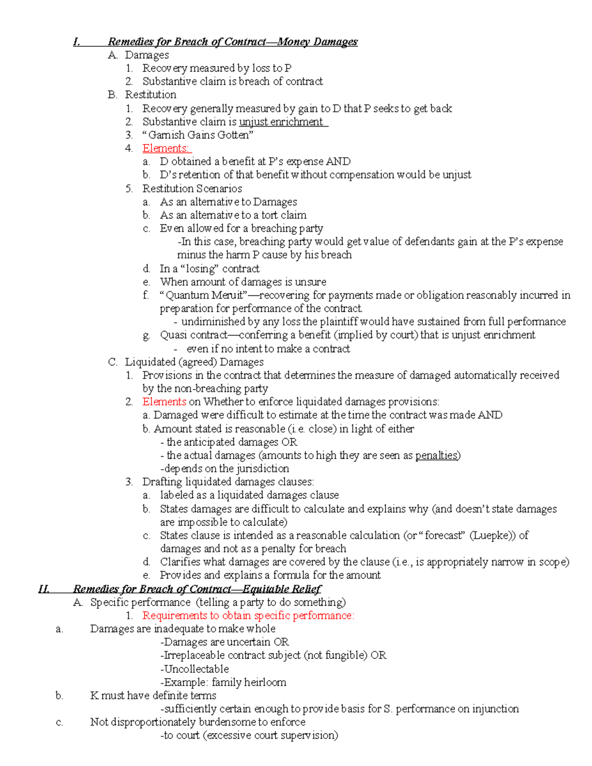 Contracts II Outline - I. Remedies for Breach of Contract—Money Damages ...