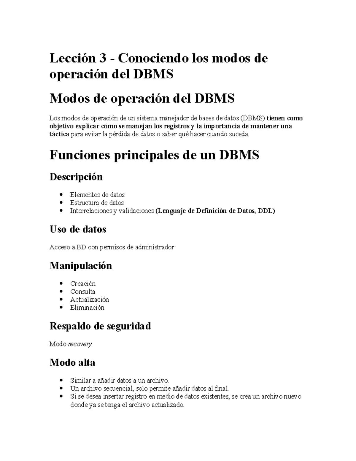 Lección 3 - Conociendo los modos de operación del DBMS - Lección 3 - Conociendo los modos de ...