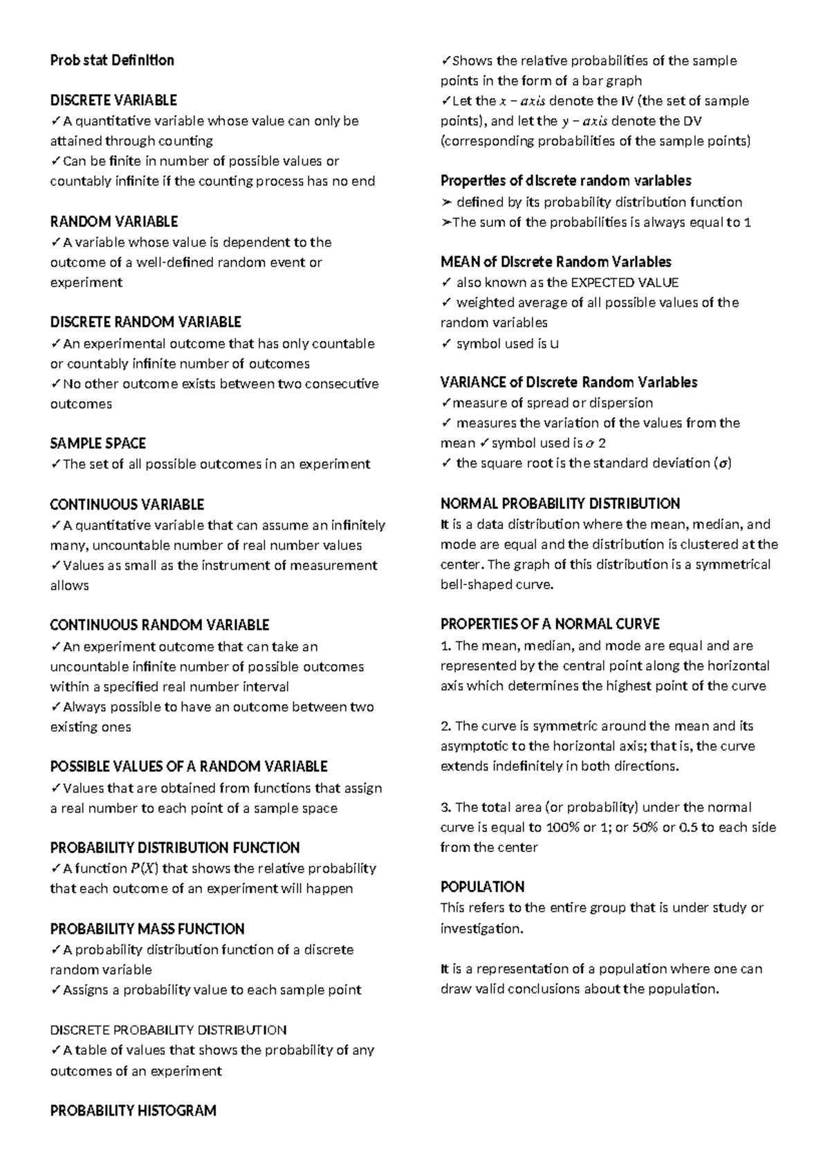 Prob-stat-Definition - Prob stat Definition DISCRETE VARIABLE A ...