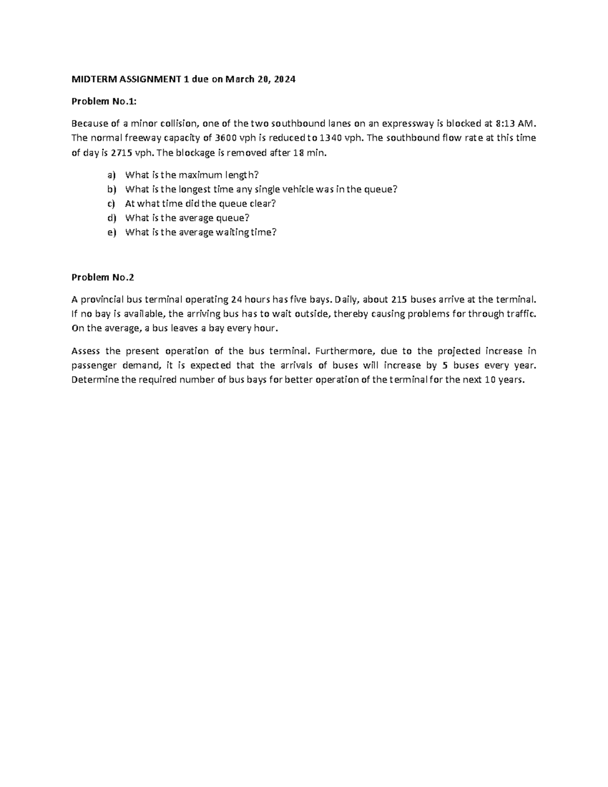 CE 4211 assignment 2024 midterm - MIDTERM ASSIGNMENT 1 due on March 20, 2024 Problem No: Because ...