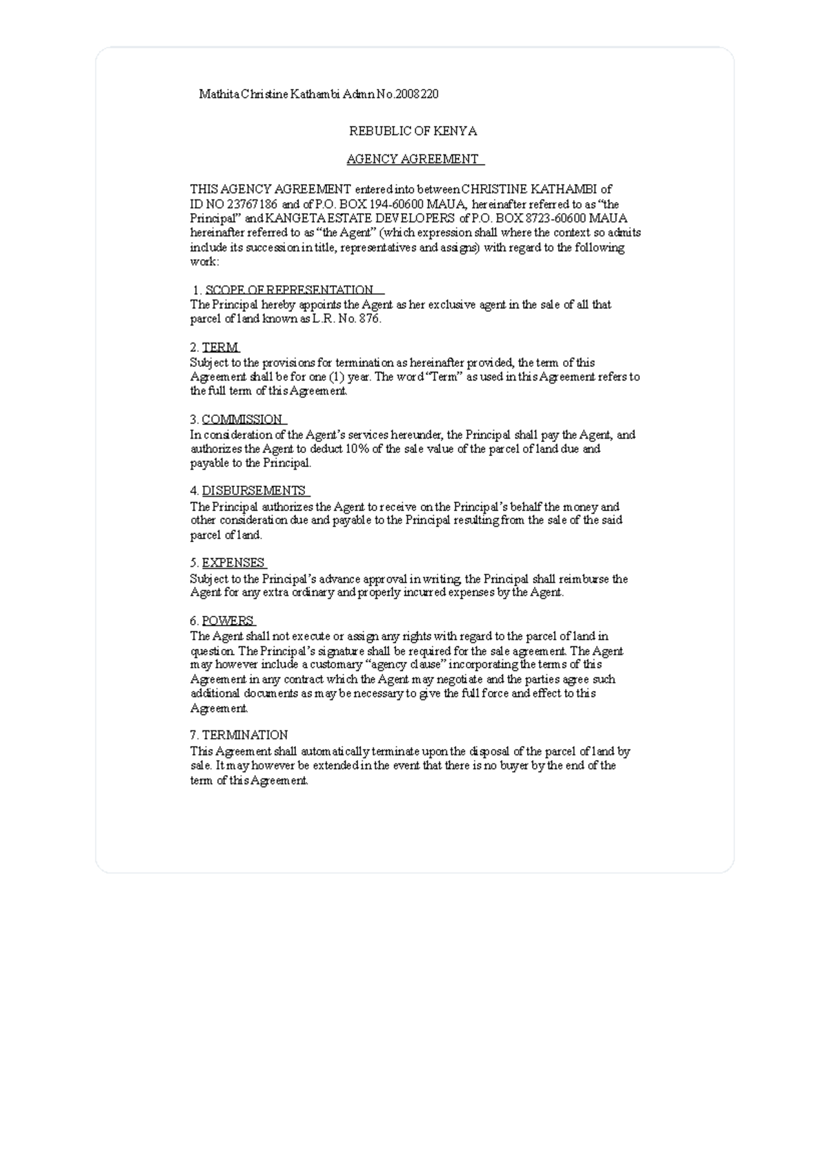 Agency Agreement sample - Mathita Christine Kathambi Admn No. Rebublic ...