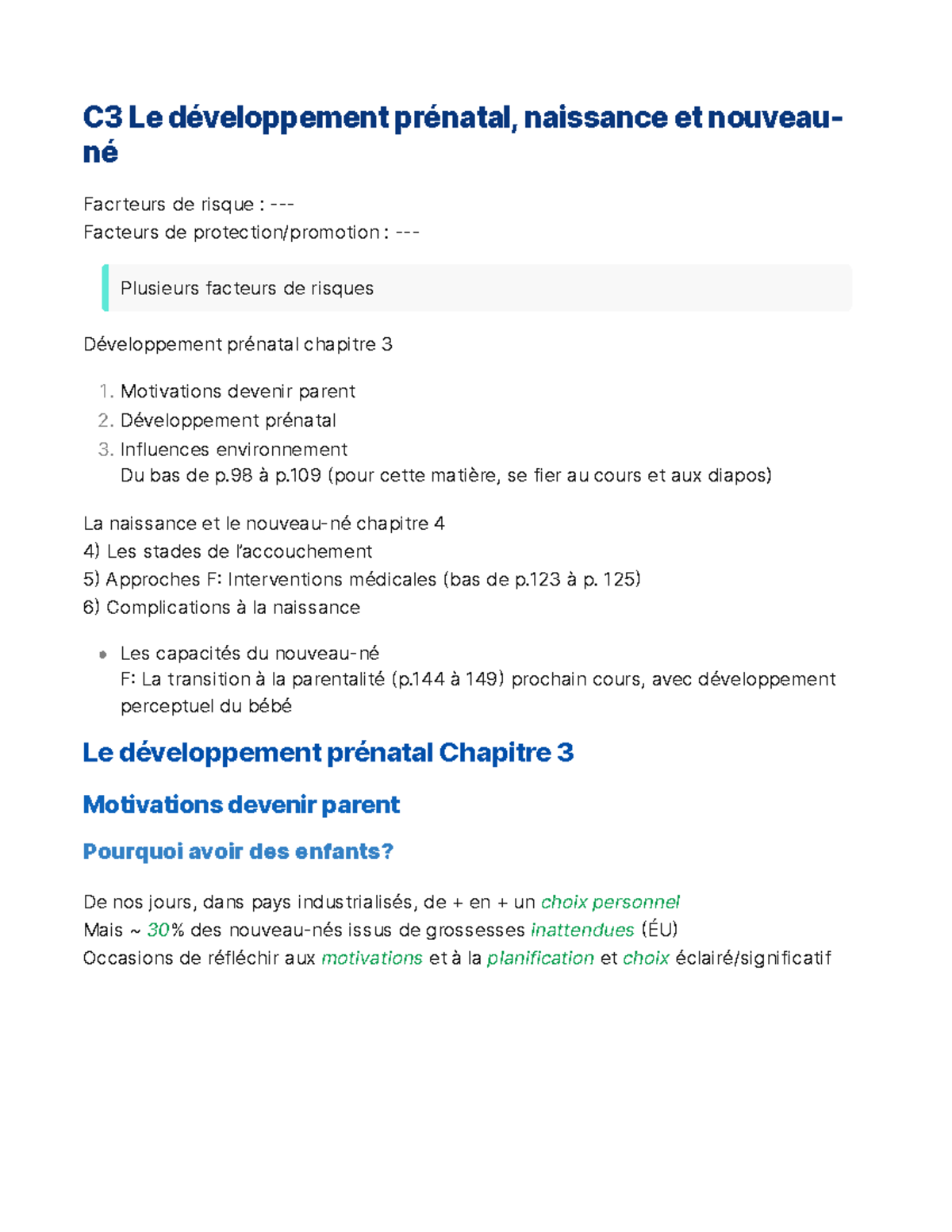 C3 Le développement prénatal, naissance et nouveau-né - Facrteurs de ...
