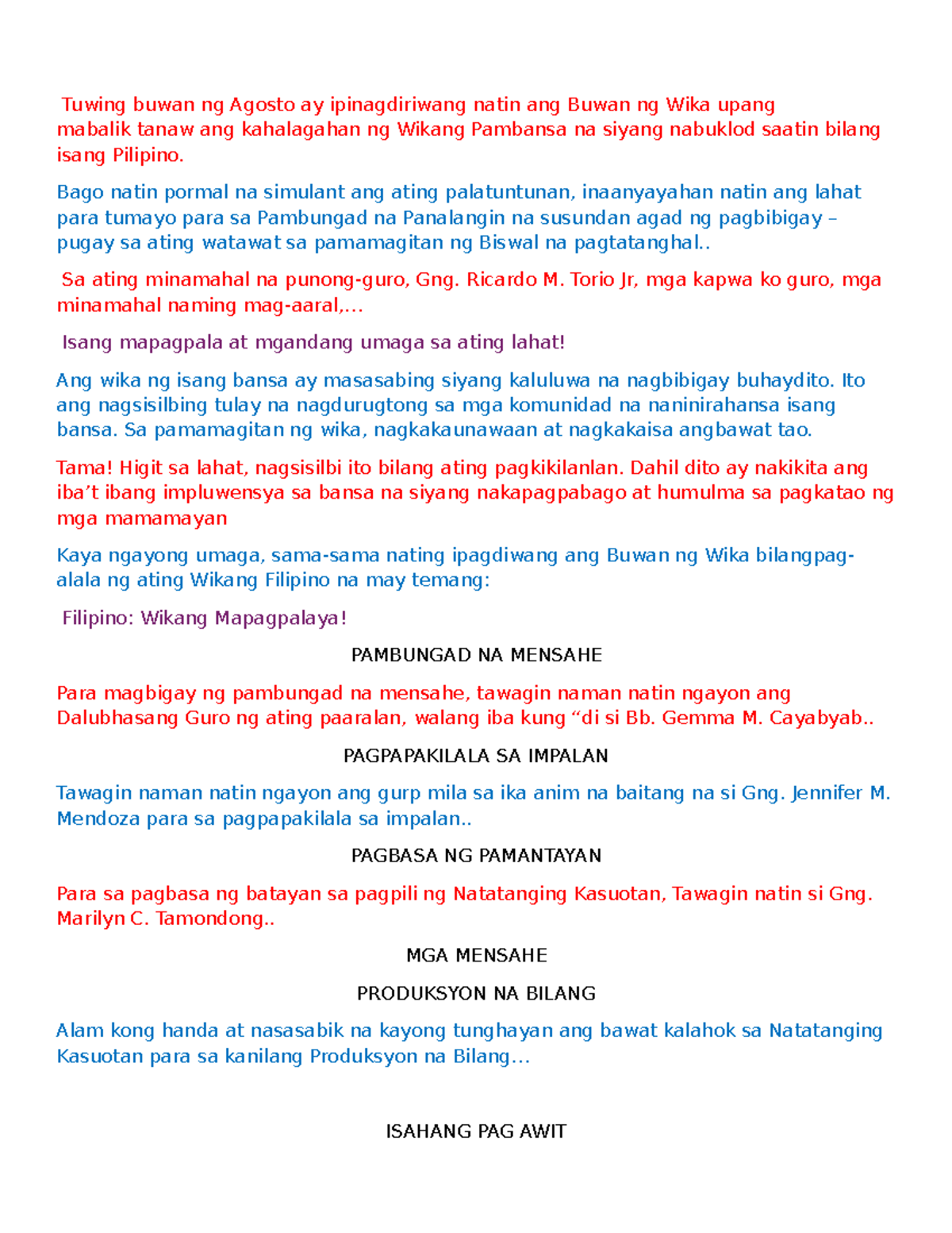 Buwan NG WIKA Script - Tuwing buwan ng Agosto ay ipinagdiriwang natin ...