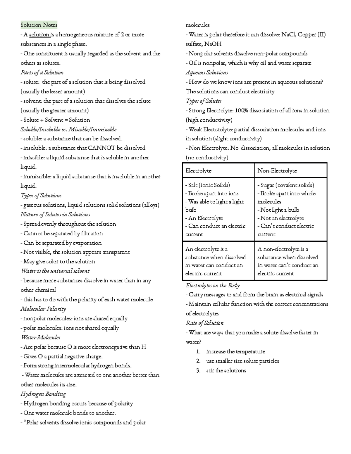 Solution notes - Solution Notes A solution is a homogeneous mixture of ...