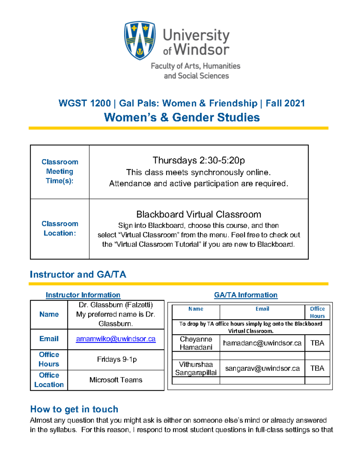 Syllabus WGST 1200 Gal Pals 2021 Fall - WGST 1200 | Gal Pals: Women ...