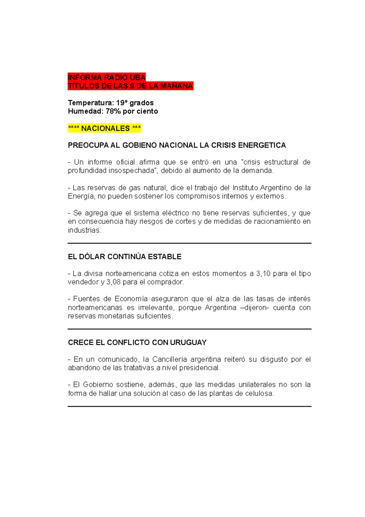 Ejemplo de Boletín - INFORMA RADIO UBA TÍTULOS DE LAS 9 DE LA MAÑANA ... Ejemplo de Boletín - INFORMA RADIO UBA TÍTULOS DE LAS 9 DE LA MAÑANA ...