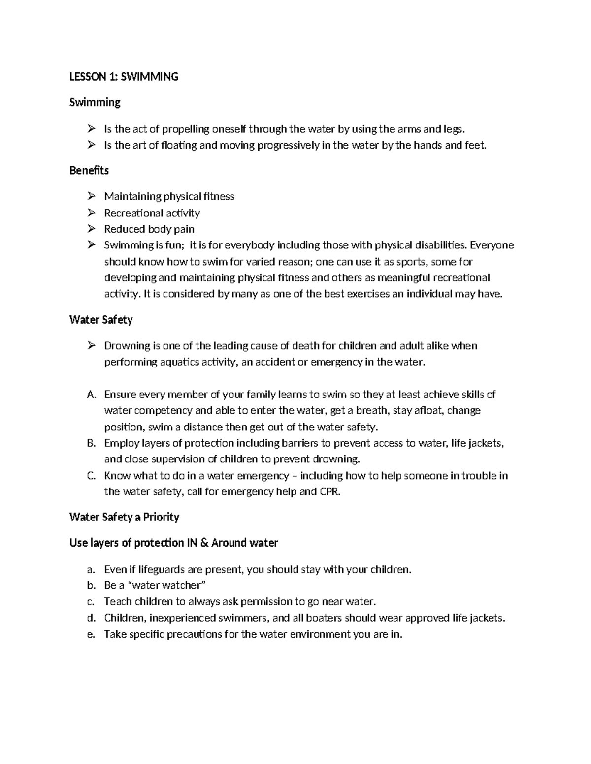 PE4 Notes - LESSON 1: SWIMMING Swimming Is the act of propelling ...