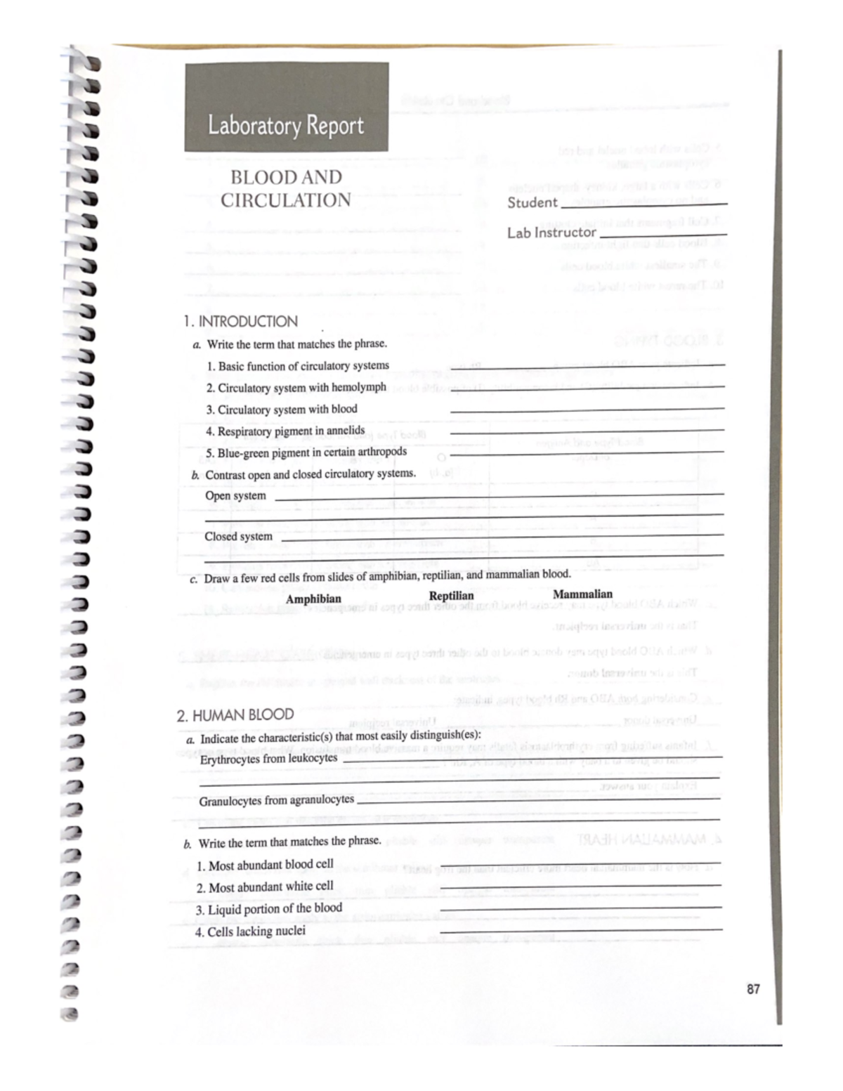 Bio 108 Week 7 Blood and Circulation Laboratory Report - Laboratory ...