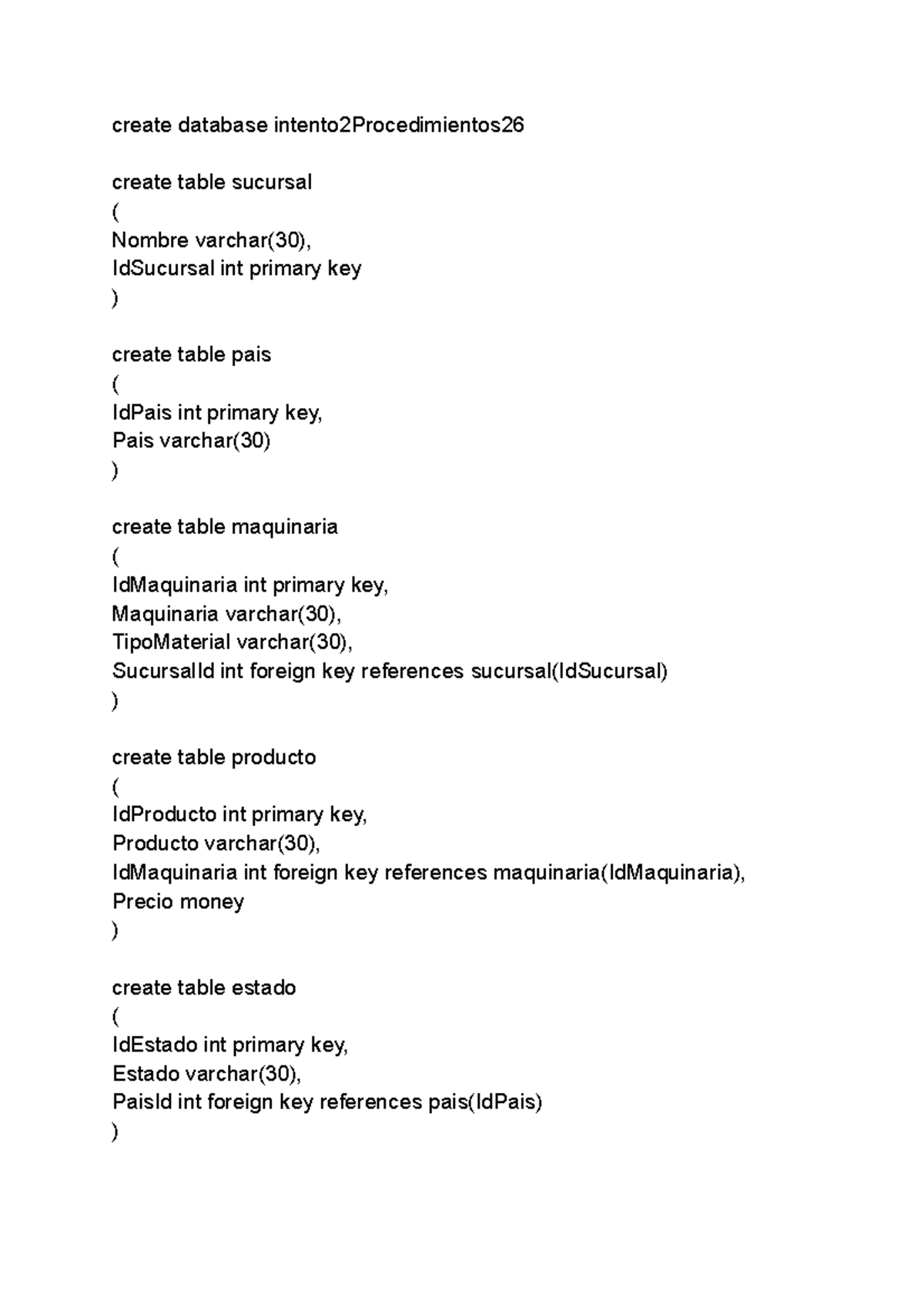 Practica BD Procedimientos1 - create database intento2Procedimientos create table sucursal ...