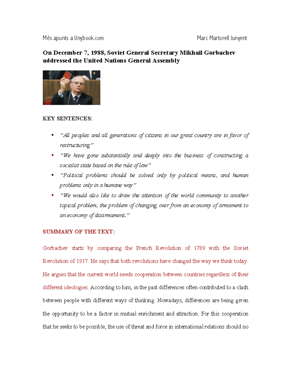 Summary of the speech given by M.Gorbachev before the UN in 1988 ...