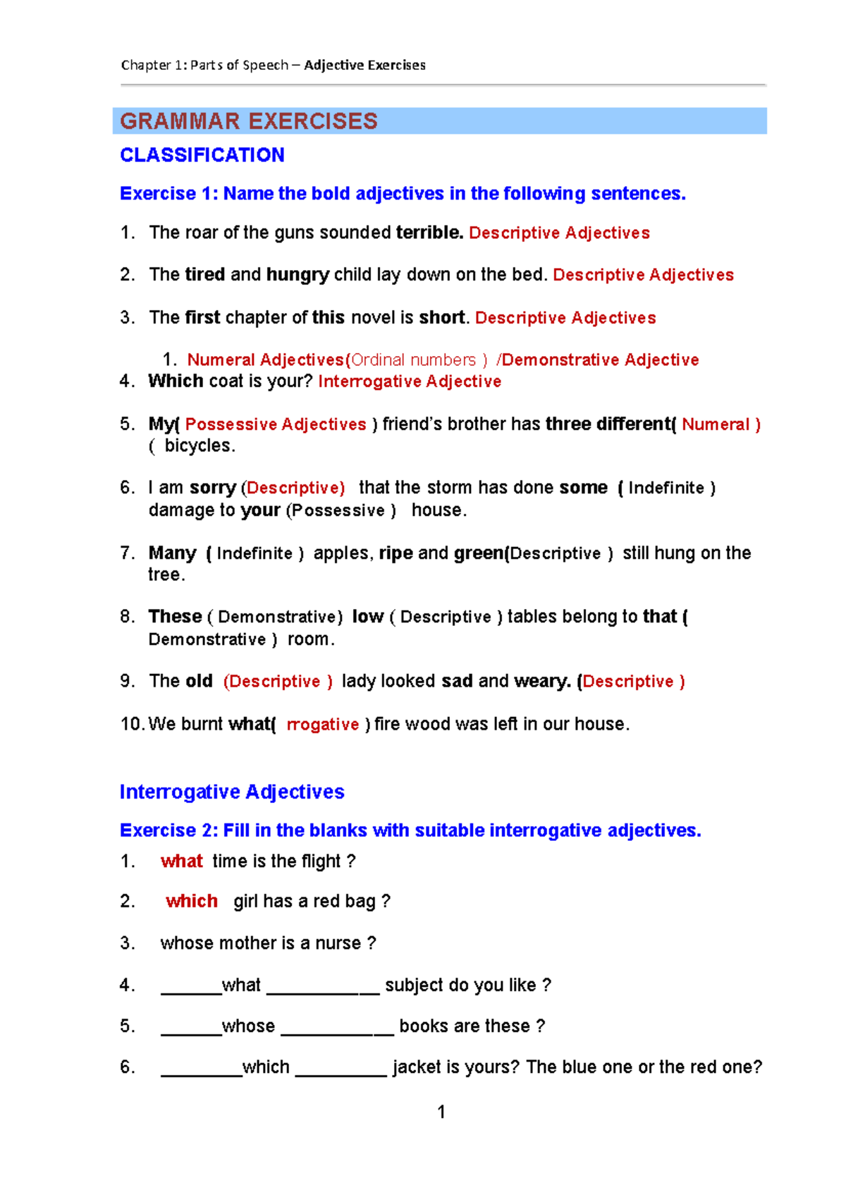 10 - Exercise OF Adjectives - GRAMMAR EXERCISES CLASSIFICATION Exercise ...