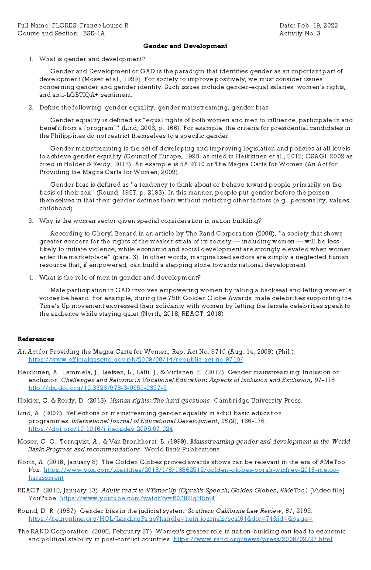 Gender and Development - Question and Answer - Full Name: FLORES ...