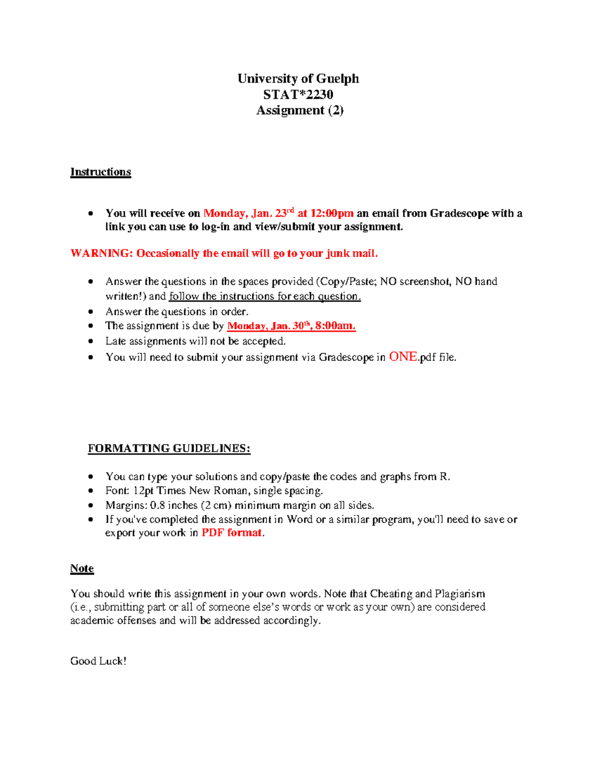 Instructions about the Assignment - University of Guelph STAT ...