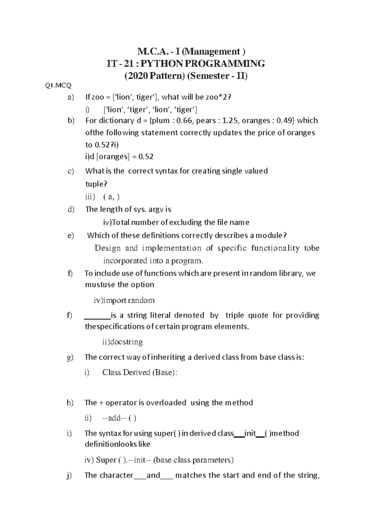 Python Paper solutions - M.C. - I (Management ) IT - 21 : PYTHON ...