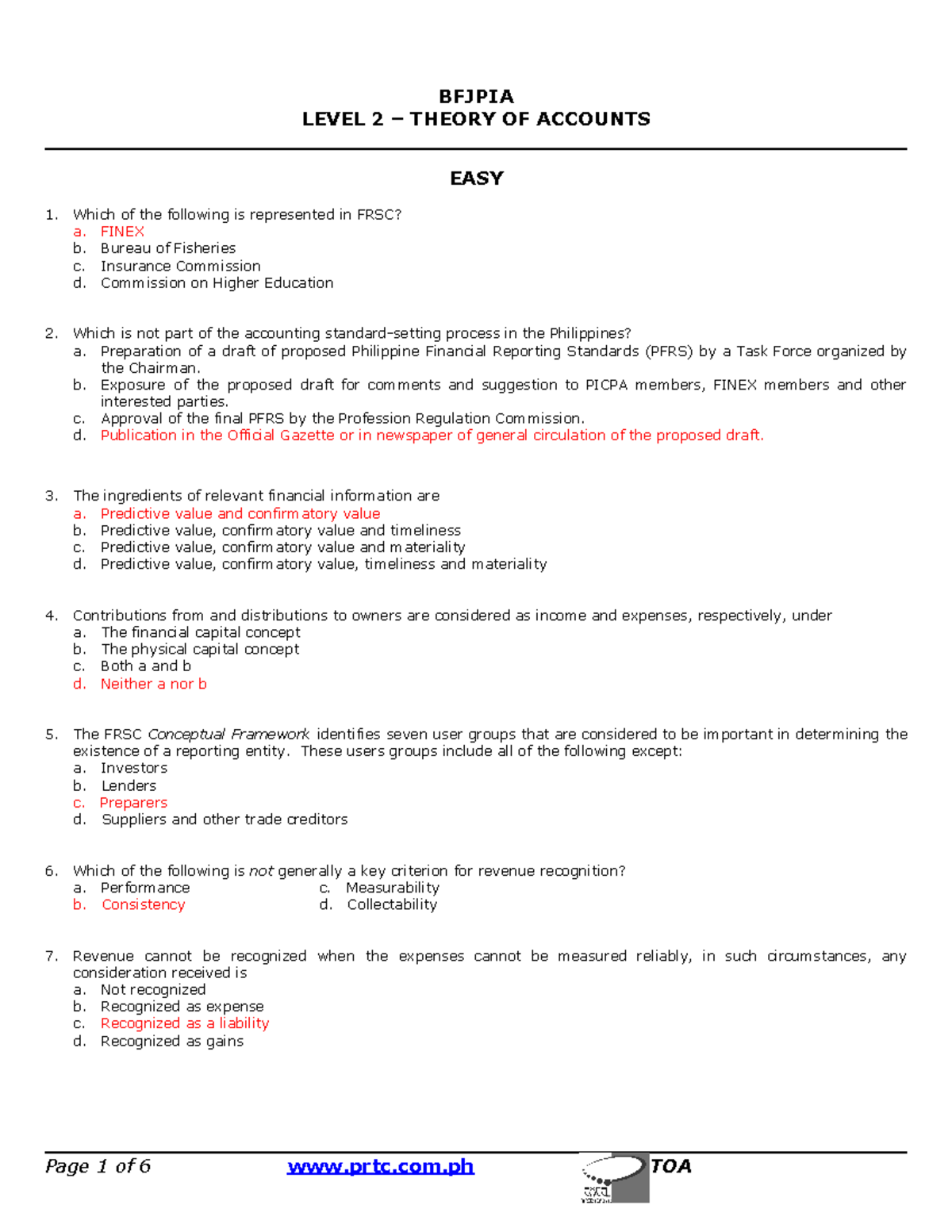 Bfjpia Cup Level 2 Theory of Accounts - BFJPIA LEVEL 2 – THEORY OF ACCOUNTS EASY 1. Which of the ...