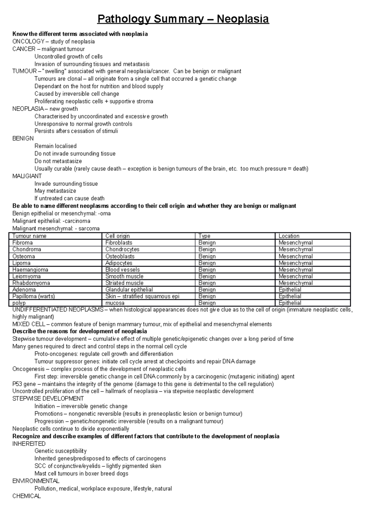 Pathology - Neoplasia - Pathology Summary – Neoplasia Know the different terms associated with ...
