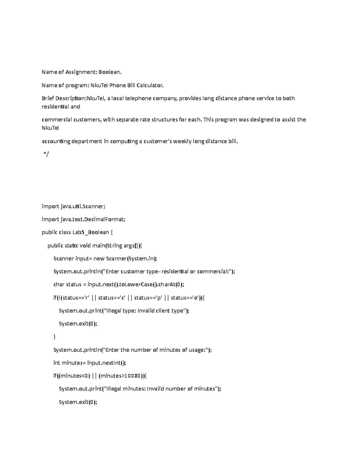 Lab Telephone Bill Calculator - Name of Assignment: Boolean. Name of ...