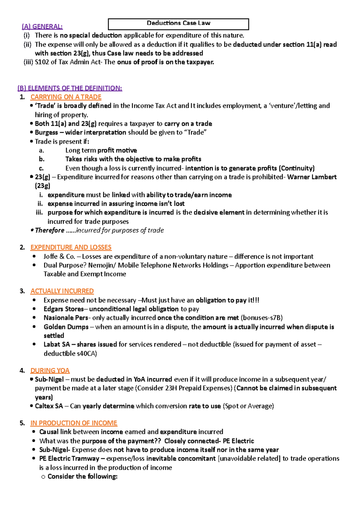 Deductions Case Law - Lecture notes 3 - (A) GENERAL: (i) There is no ...
