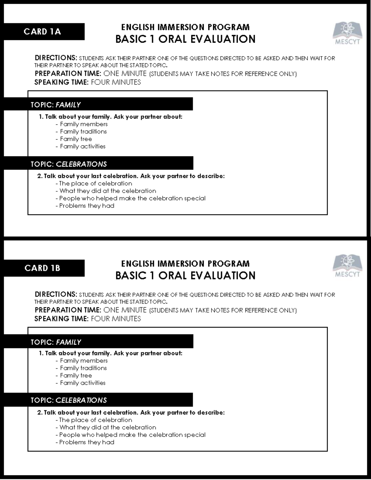 Basic 1-Oral Evaluation Cards - CARD 1A ENGLISH IMMERSION PROGRAM BASIC ...