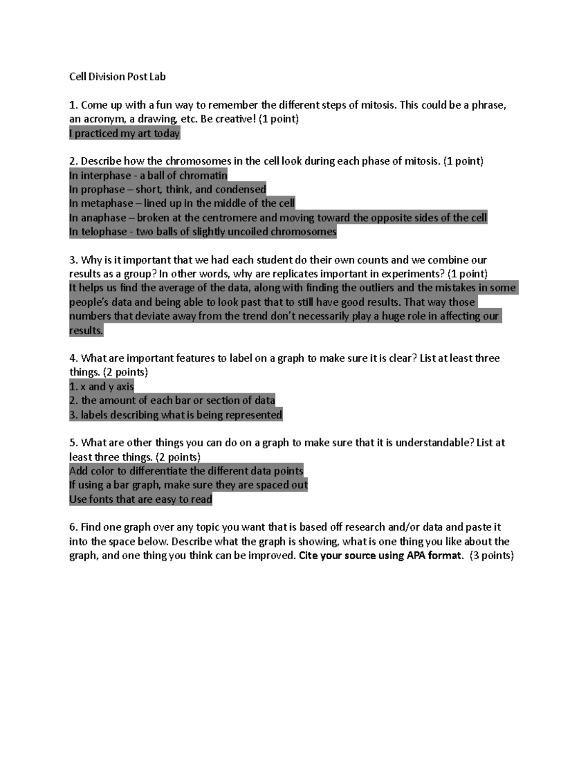 Cell Division Post Lab - Cell Division Post Lab Come up with a fun way to remember the different ...