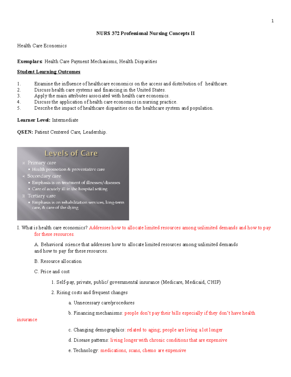 Health Care Economics - NURS 372 Professional Nursing Concepts II ...