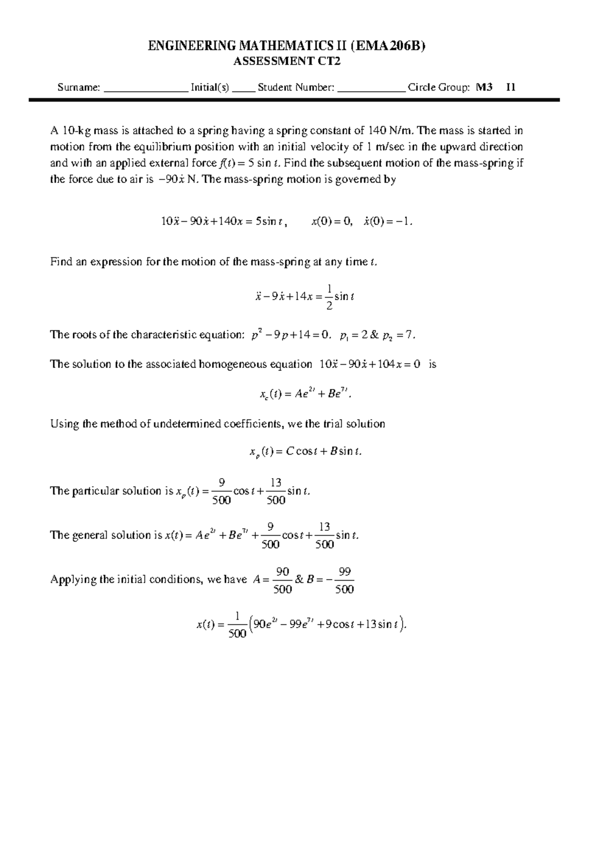 Assessment CT2 2021 Memo - ENGINEERING MATHEMATICS II (EMA206B) ASSESSMENT CT Surname: - Studocu