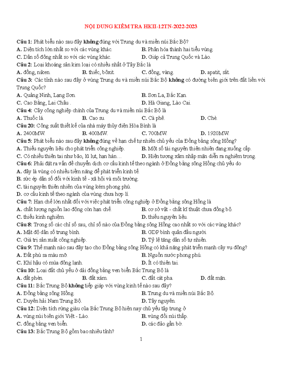 ĐỀ CƯƠNG 12 TỰ Nhiên KIỂM TRA CUỐI KÌ II 2022 2023 - NỘI DUNG KIỂM TRA HKII-12TN-2022- Câu 1 ...
