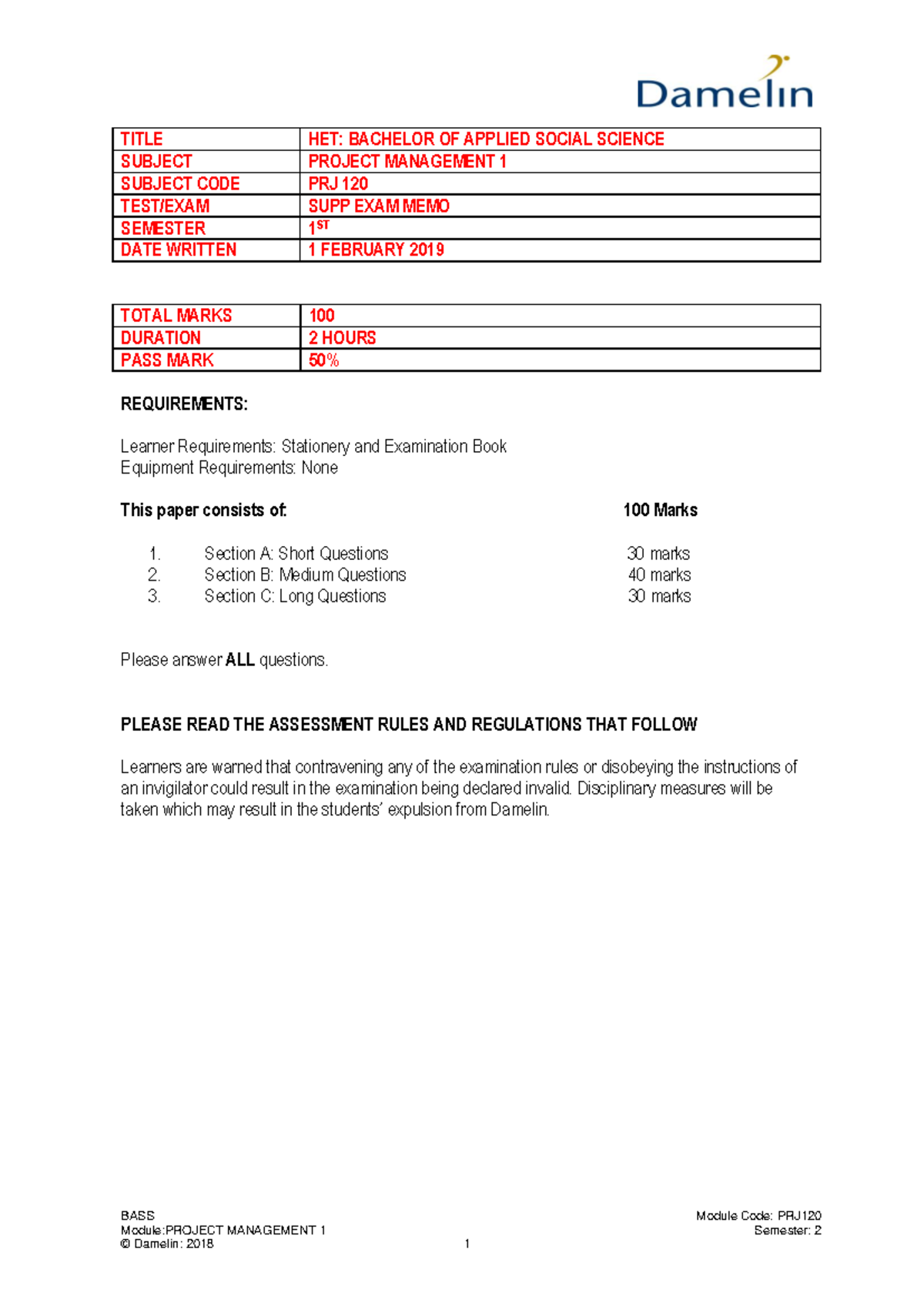 Project Management 1 Supp Exam Memo - BASS Module Code: PRJ Module ...