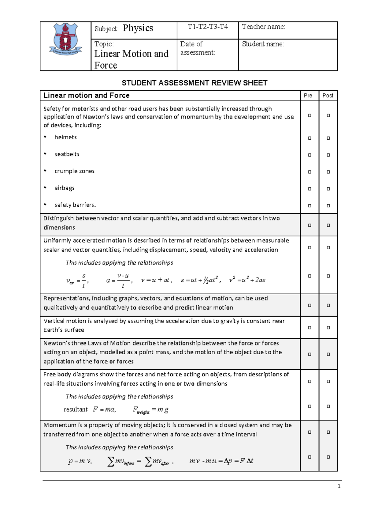 Y11 linear motion and force student review sheets - Subject: Physics T1 ...