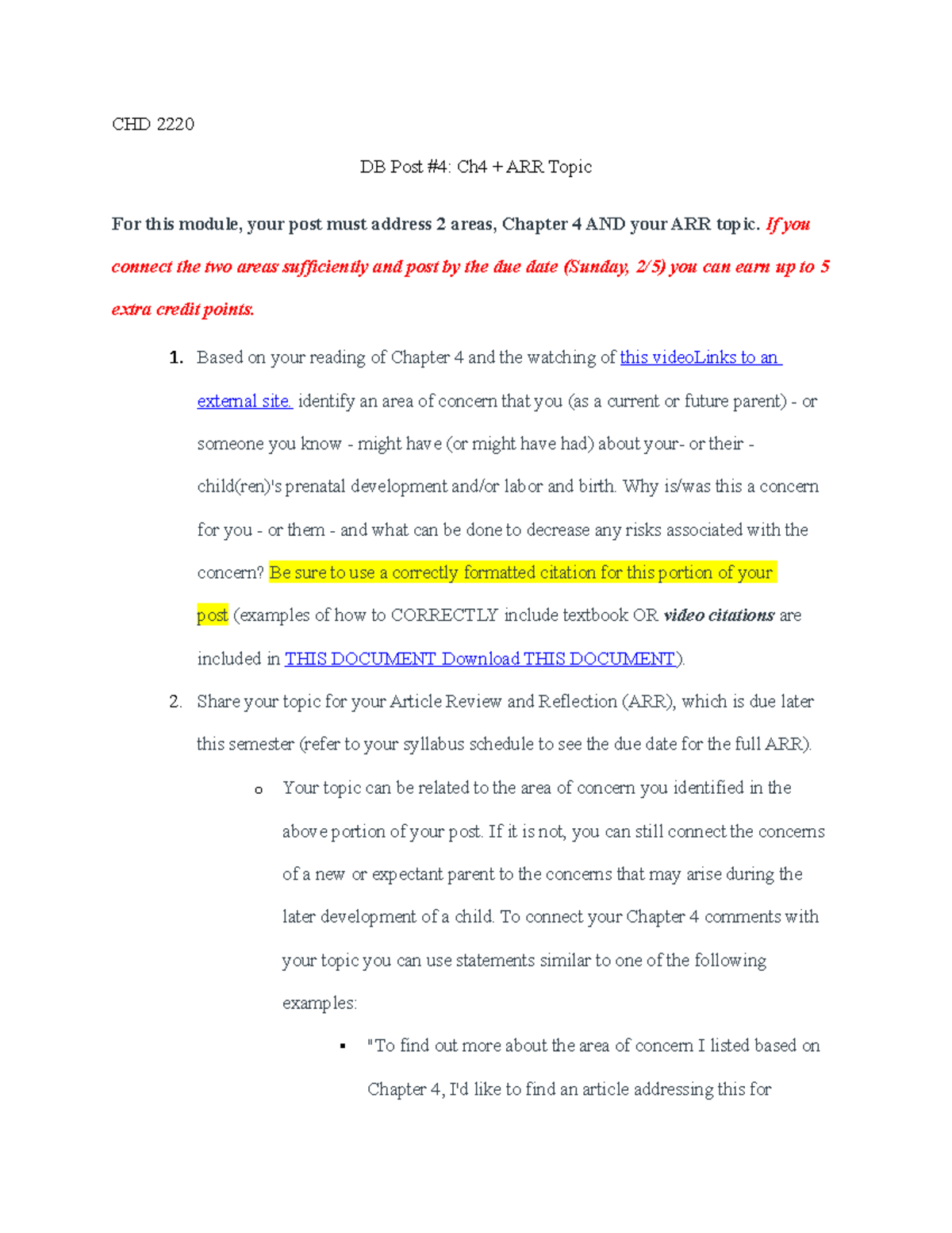 DB Post #4- Ch4 + ARR Topic - CHD 2220 DB Post #4: Ch4 + ARR Topic For ...