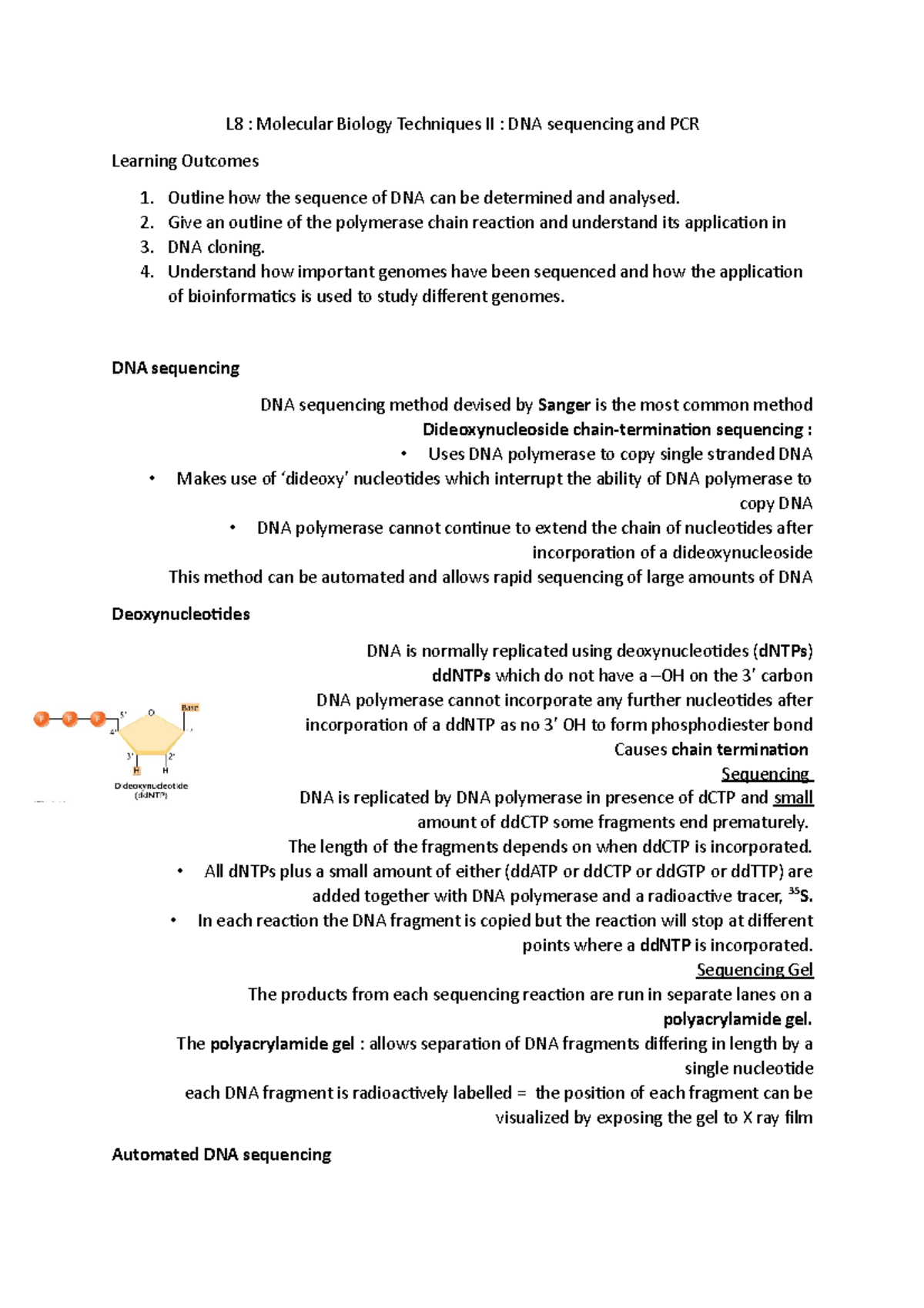 L8 Molecular Biology Techniques II DNA sequencing and PCR - 4BBY1070 ...