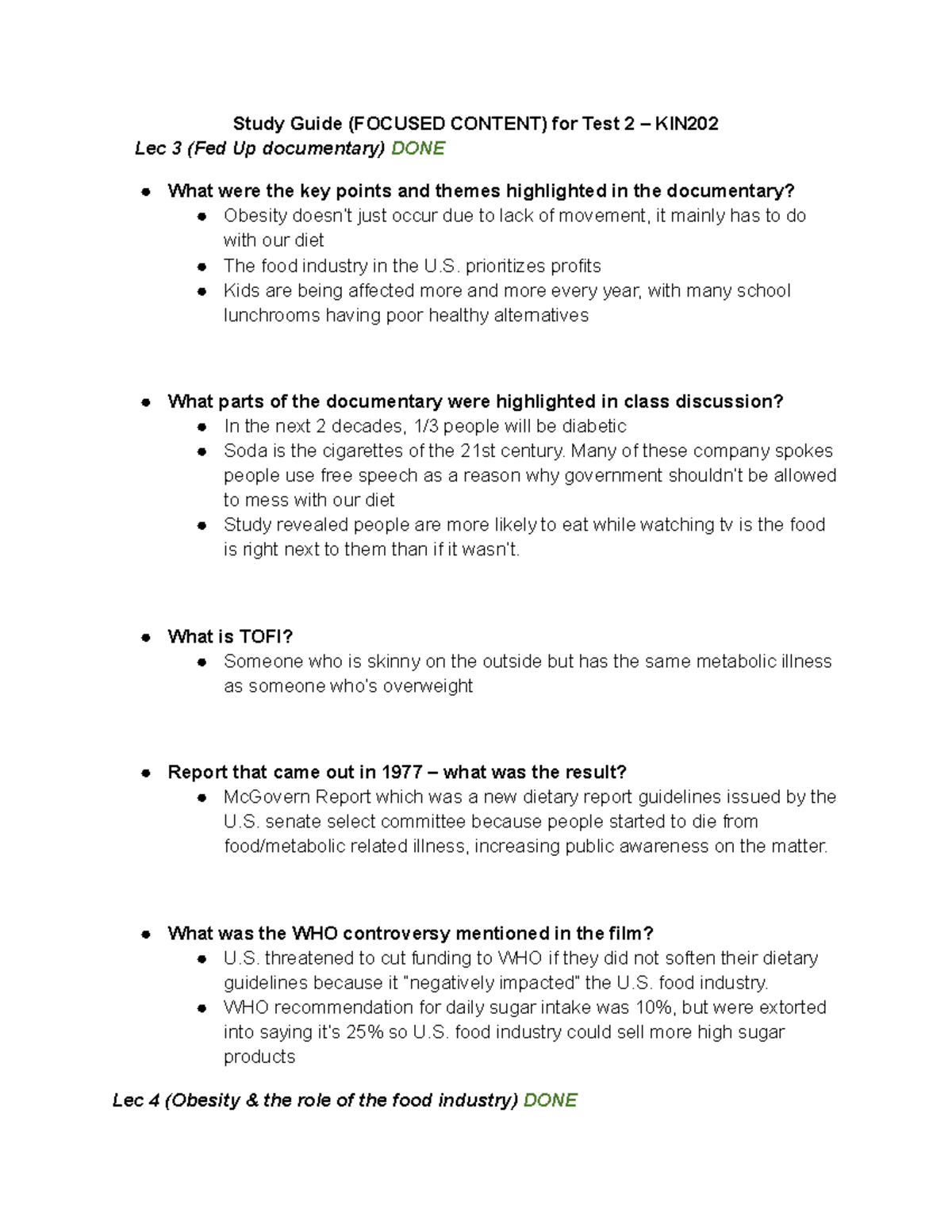 Exam 2 Study Guide - Study Guide (FOCUSED CONTENT) for Test 2 – KIN Lec ...