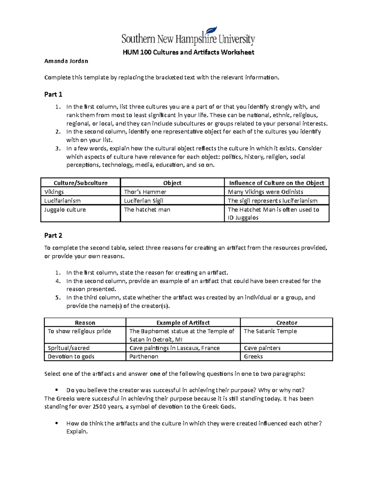 HUM 100 Cultures and Artifacts Worksheet - HUM 100 Cultures and ...