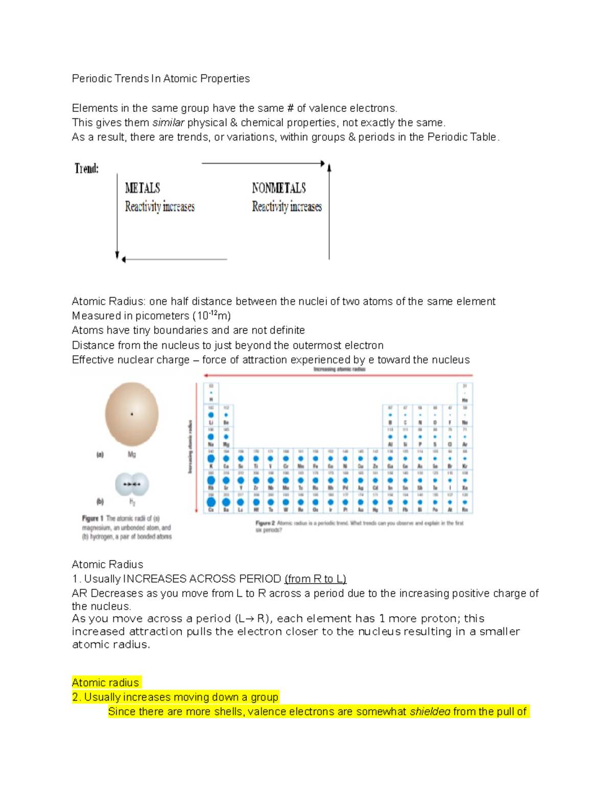 Chapter 1.7 lecture notes on general chemistry II - Periodic Trends In ...