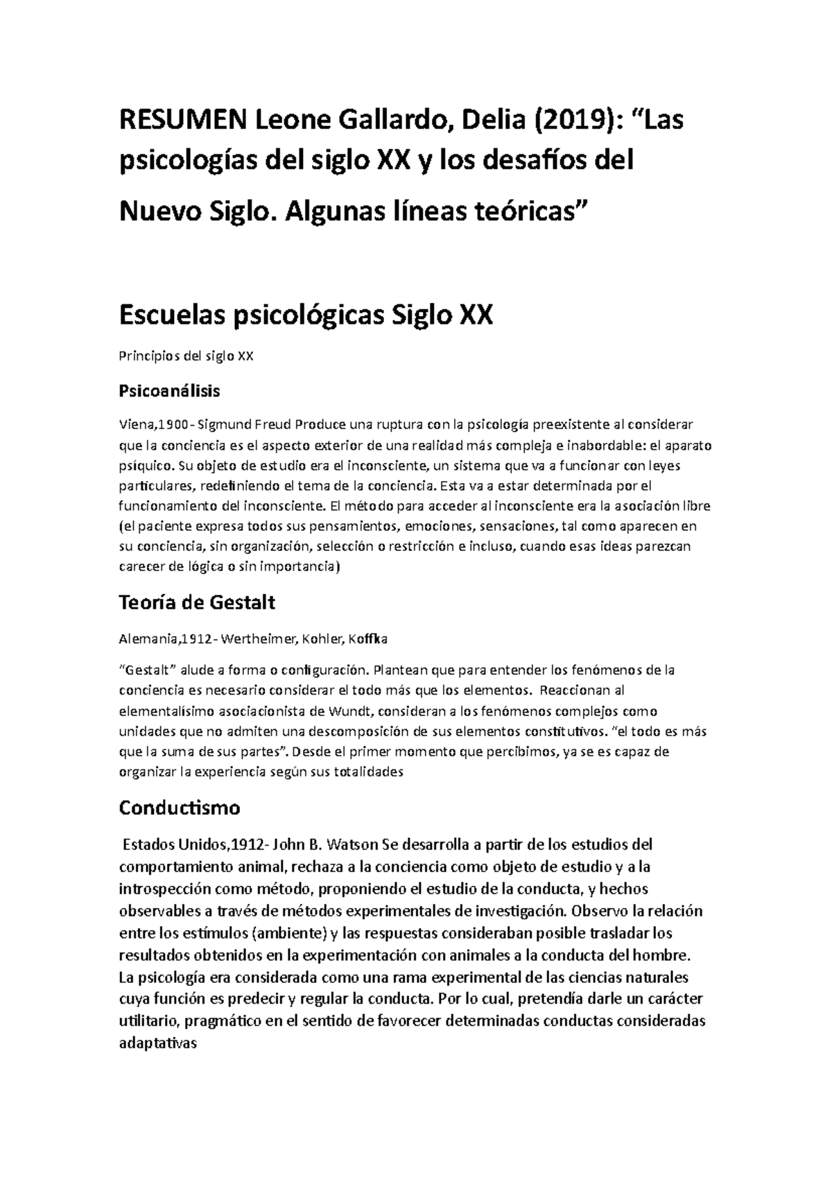Las escuelas psicologías - RESUMEN Leone Gallardo, Delia (2019): “Las ...