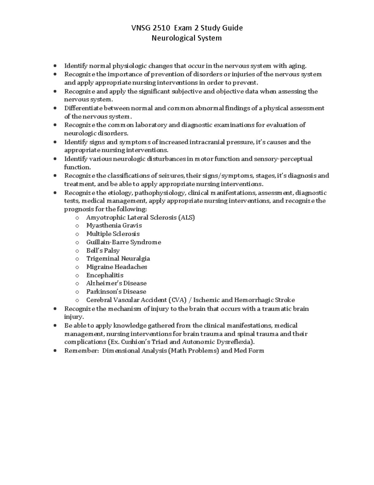 VSNG 2510 Summer 2023 Study Guide Exam 2 - Neurological - VNSG 2510 ...