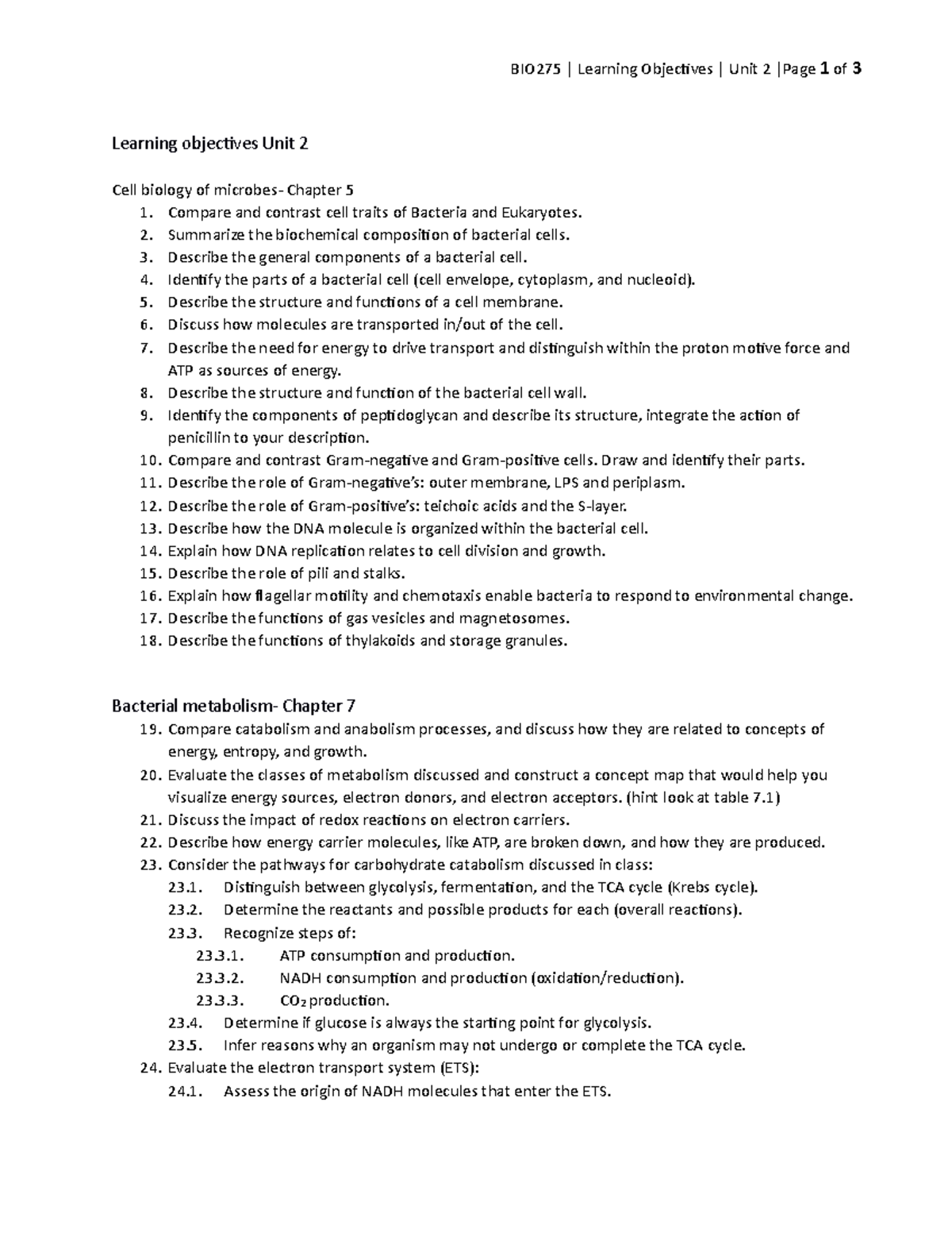 Learning objectives-Unit 2 - BIO 275 - Coastal Carolina - Studocu