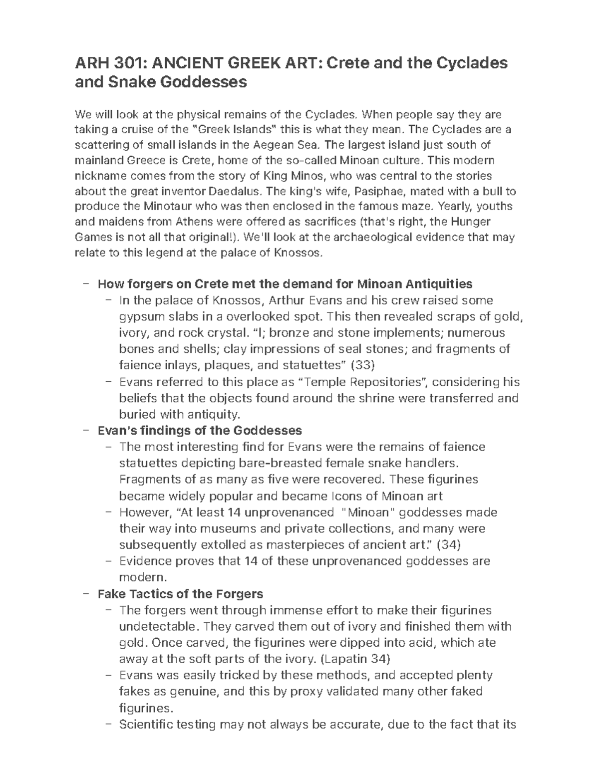 ARH 301: Ancient Greek ART: Crete and the Cyclades and Snake Goddesses