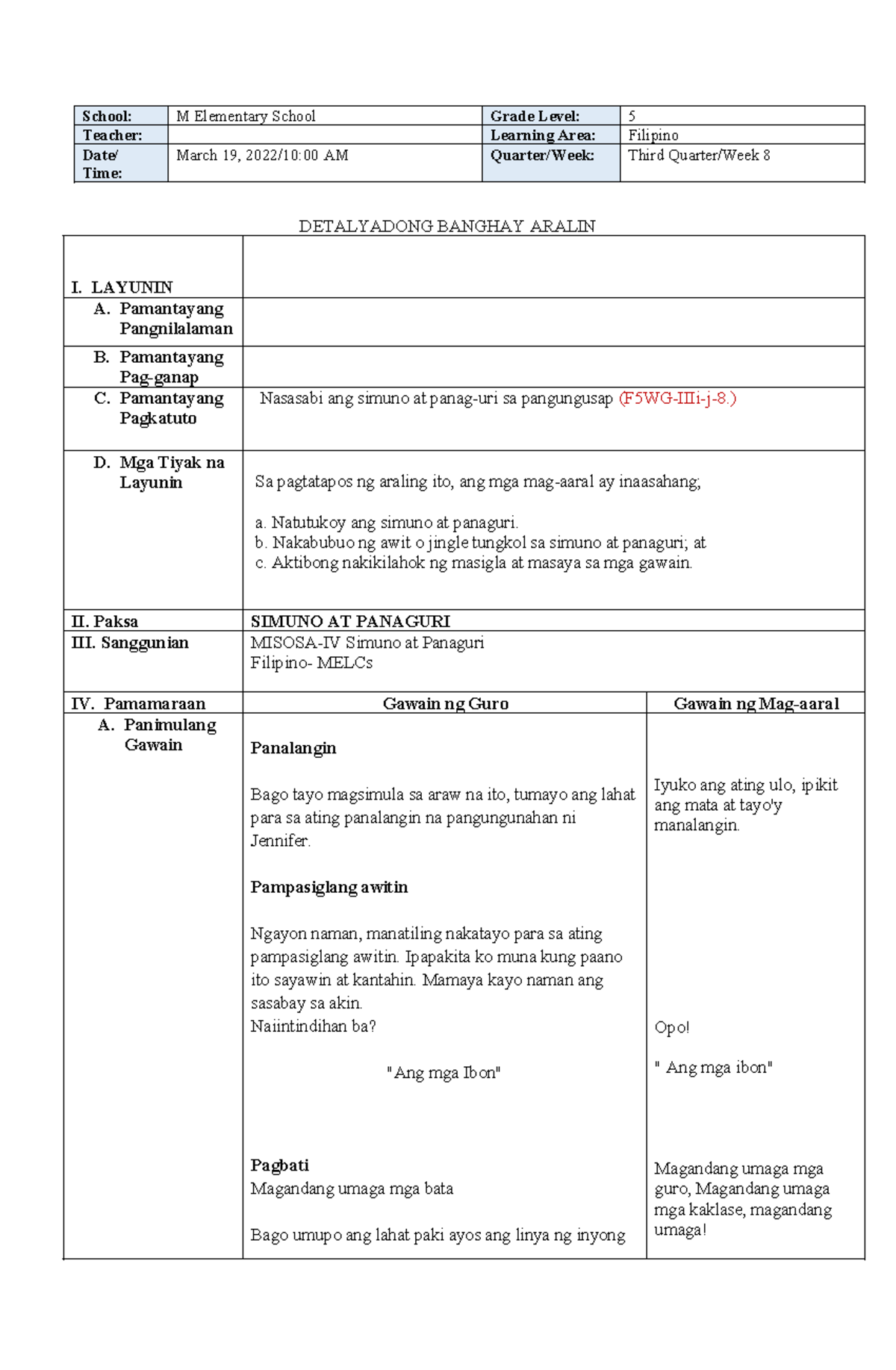 LP-Template-Filipino - School: M Elementary School Grade Level: 5 ...