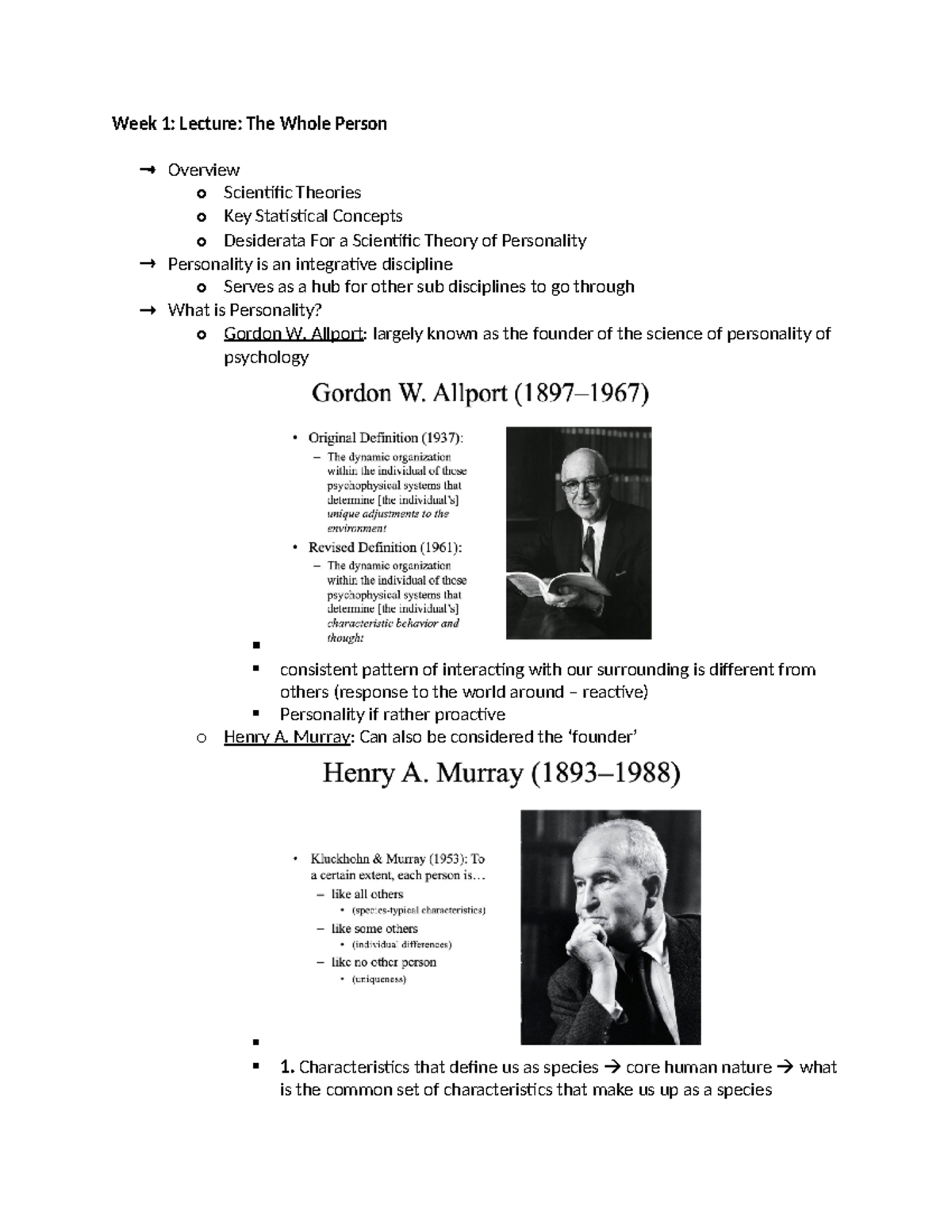 Week 1 PSYB30 - Notes - Week 1: Lecture: The Whole Person Overview o ...