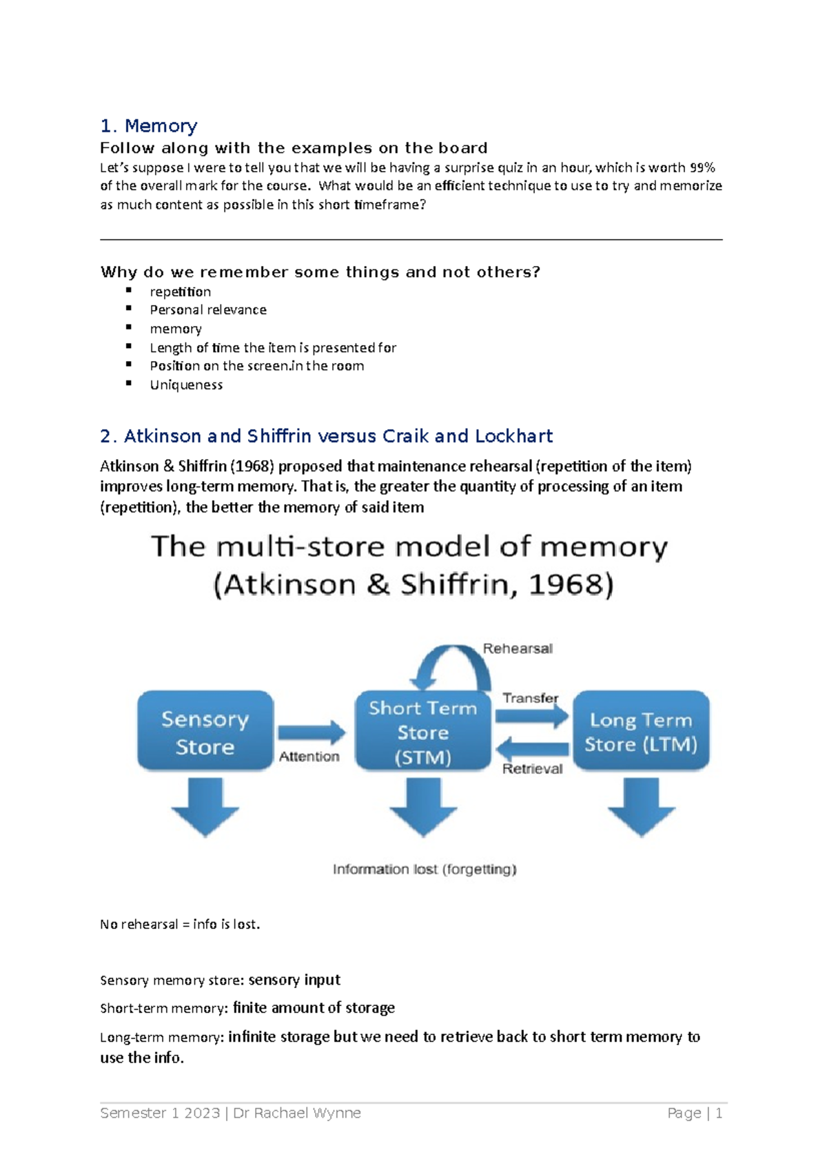 COG Psych Notes - 1. Memory Follow along with the examples on the board ...