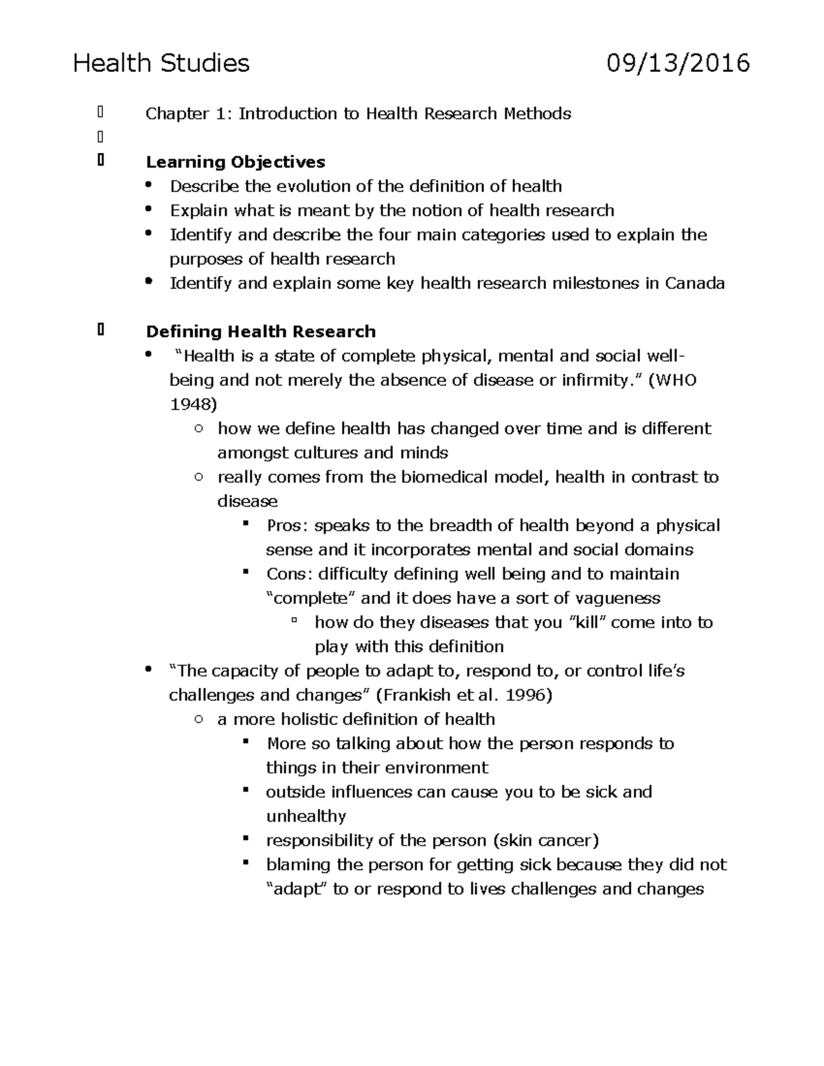 Health Studies 210 Notes - Health Studies Chapter 1: Introduction to ...