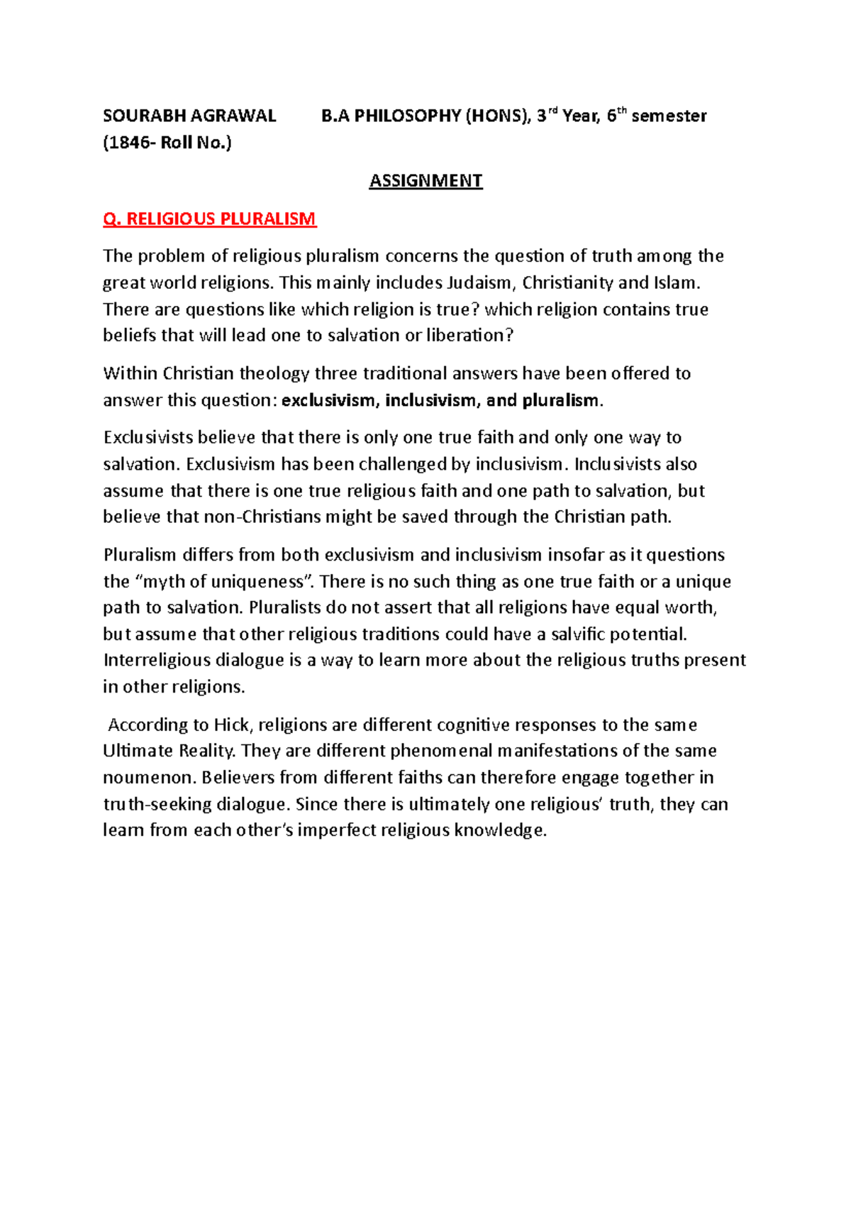 Assignment Philosophy of religion Western - SOURABH AGRAWAL B ...