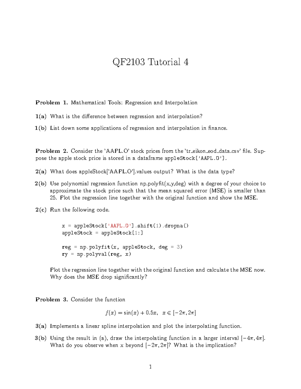 QF2103 tut04 - Tutorial - QF2103 Tutorial 4 Problem 1. Mathematical ...