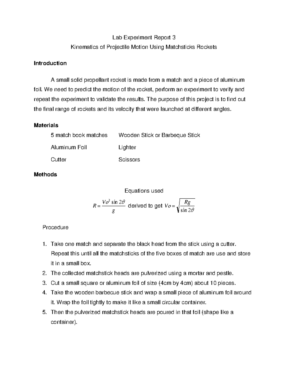 Kinematics of Projectile Motion Using Matchsticks Rockets - Lab Experiment Report 3 Kinematics ...