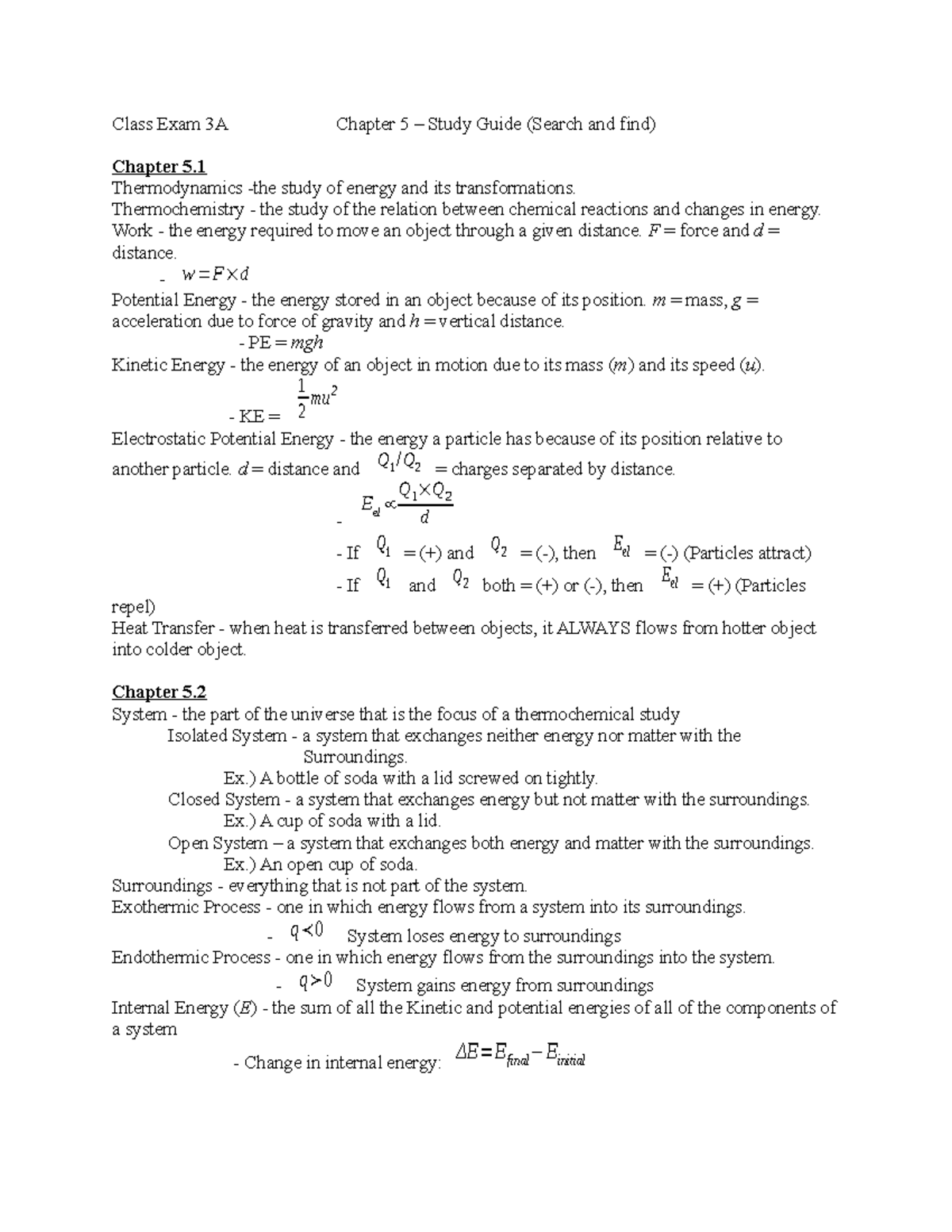 Study Guide for Chapter 5 - Class Exam 3A Chapter 5 – Study Guide ...